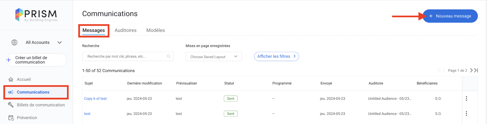 Messages de planification – Centre de Support Prism