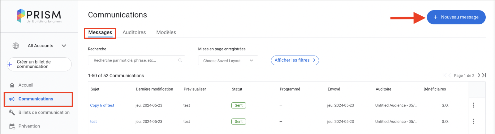 Création de messages – Centre de Support Prism
