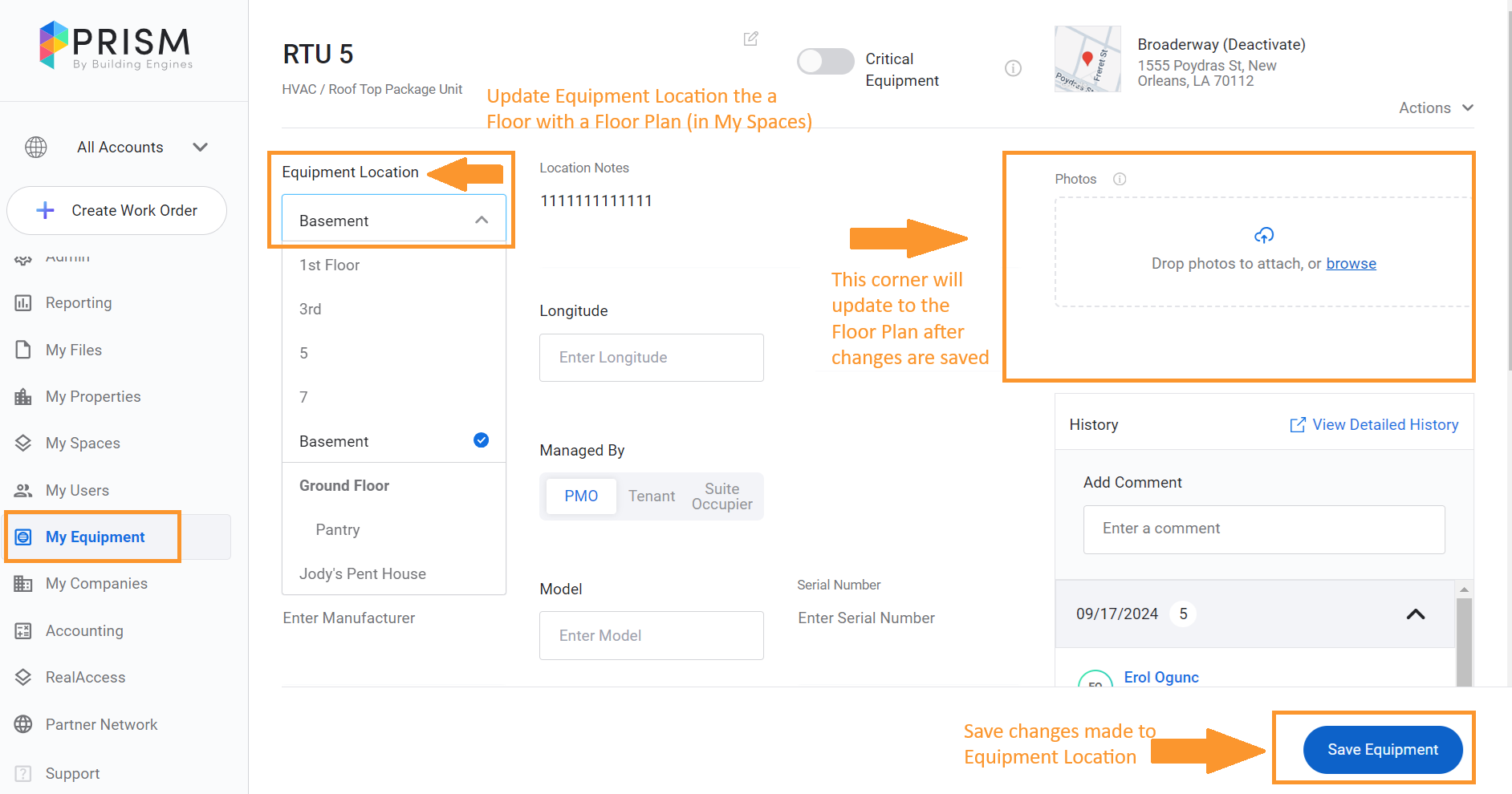 How to Pin in a Piece of Equipment and Update it's location in a ...