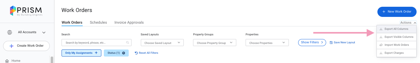 Exporting Work Orders – Prism Support Center