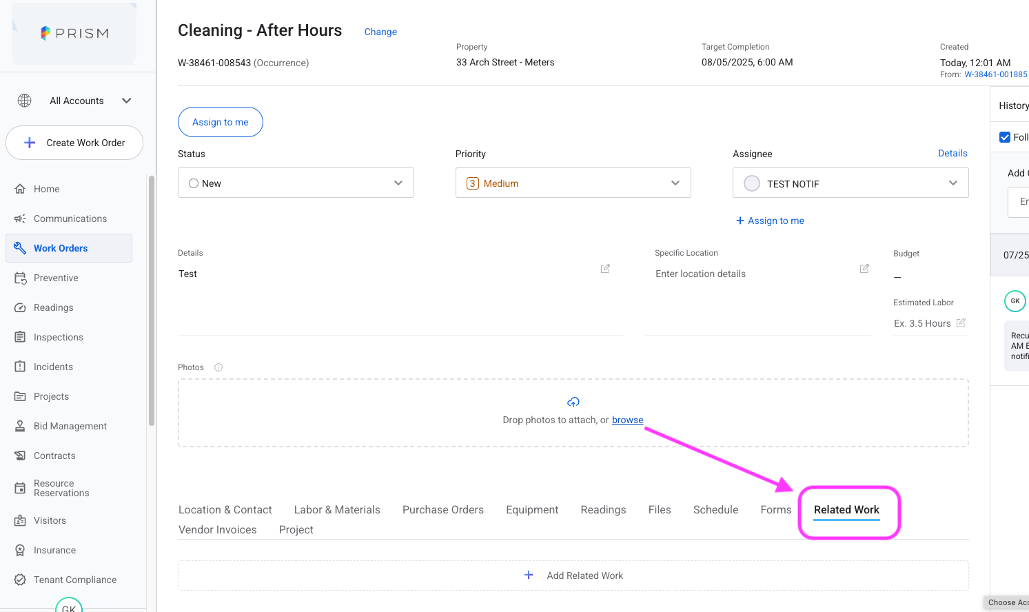 Related Work Orders – Prism Support Center