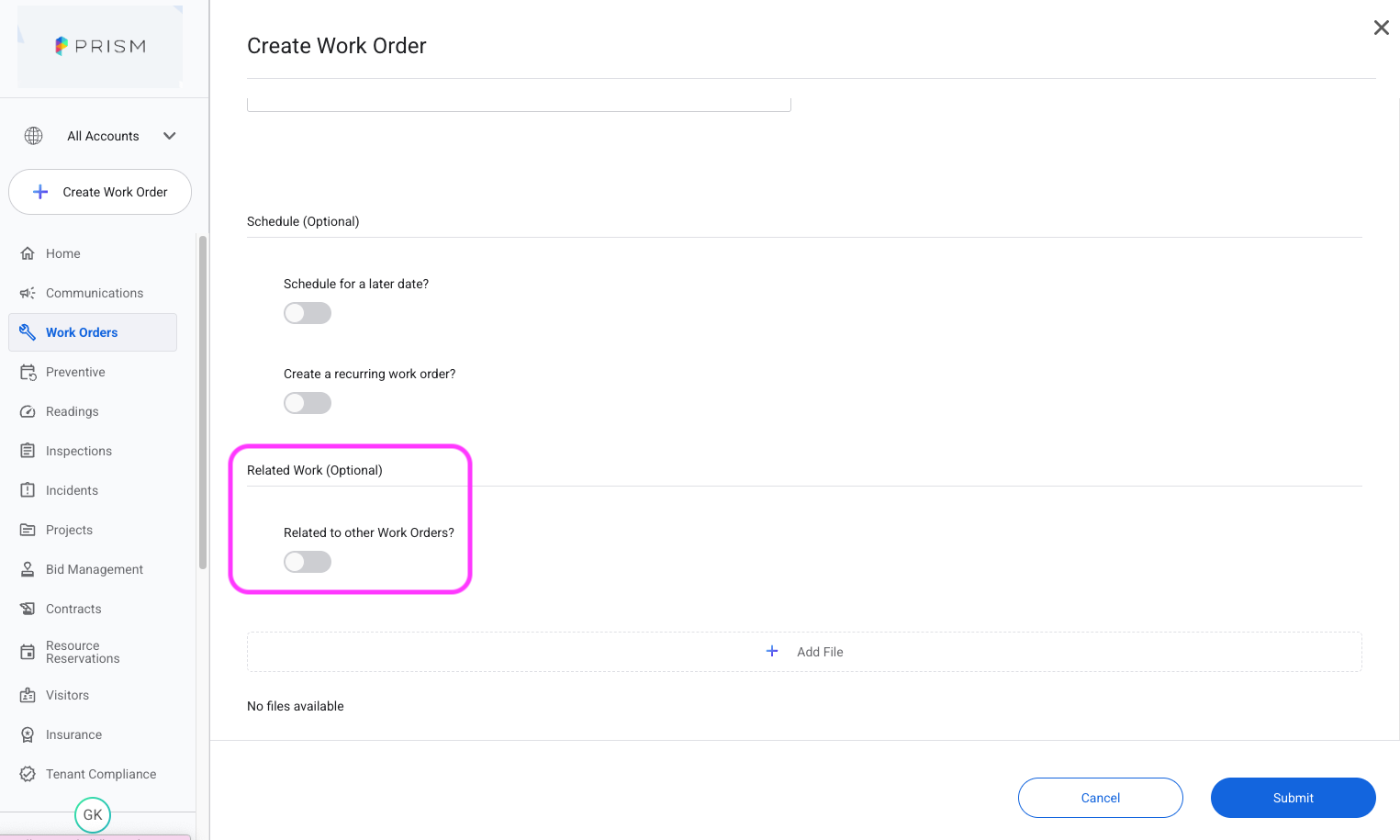 Related Work Orders – Prism Support Center