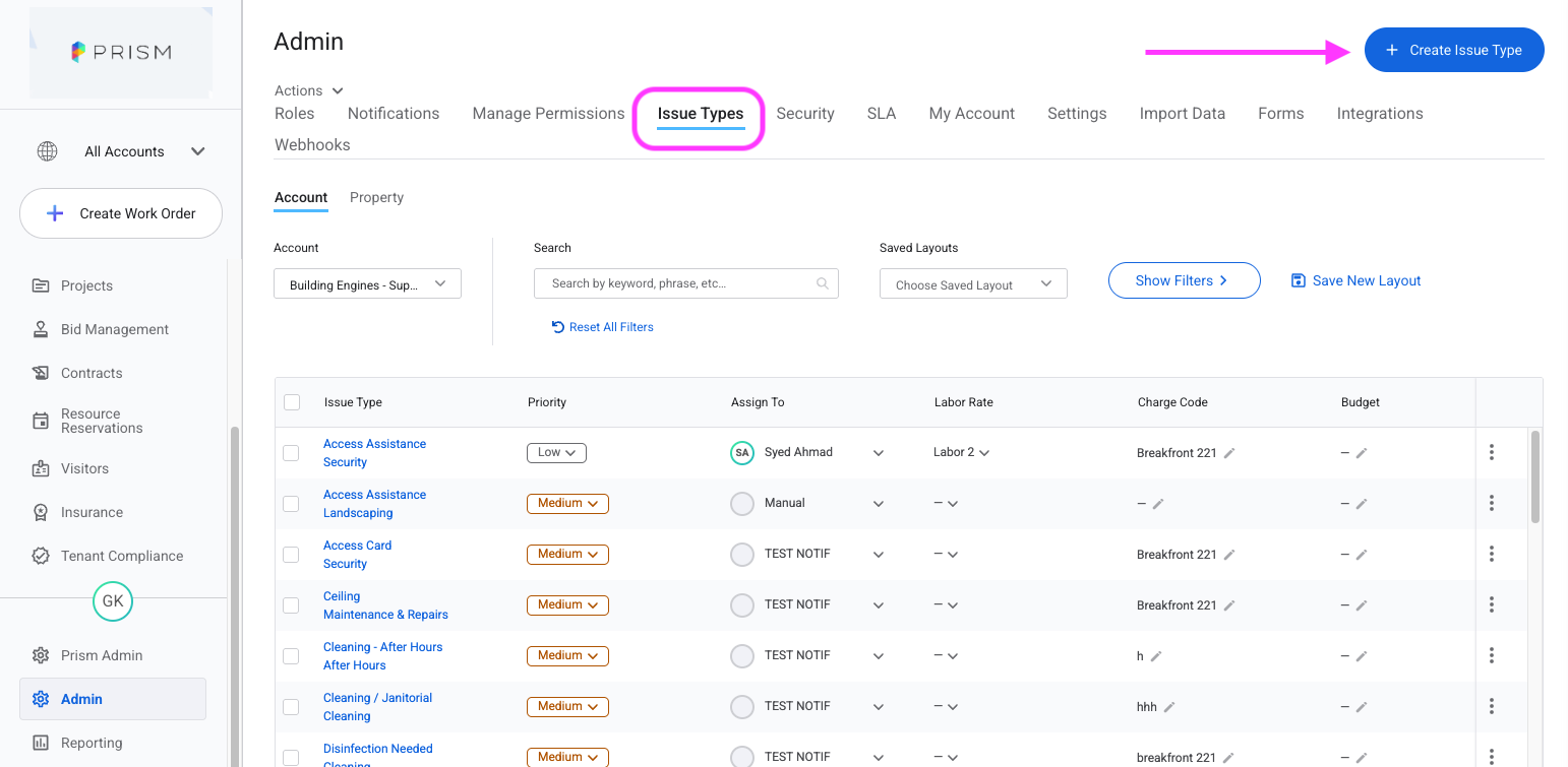 Issue Types for Work Orders – Prism Support Center