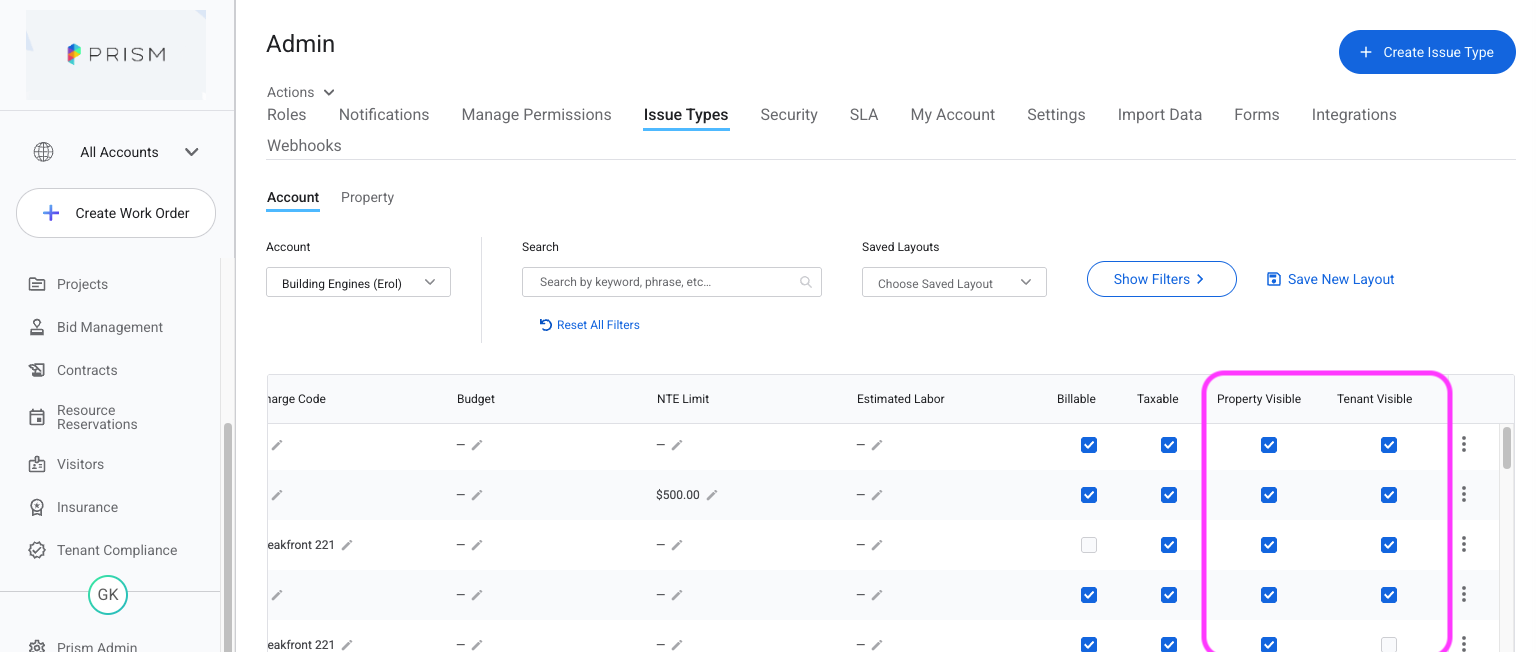 Issue Types for Work Orders – Prism Support Center