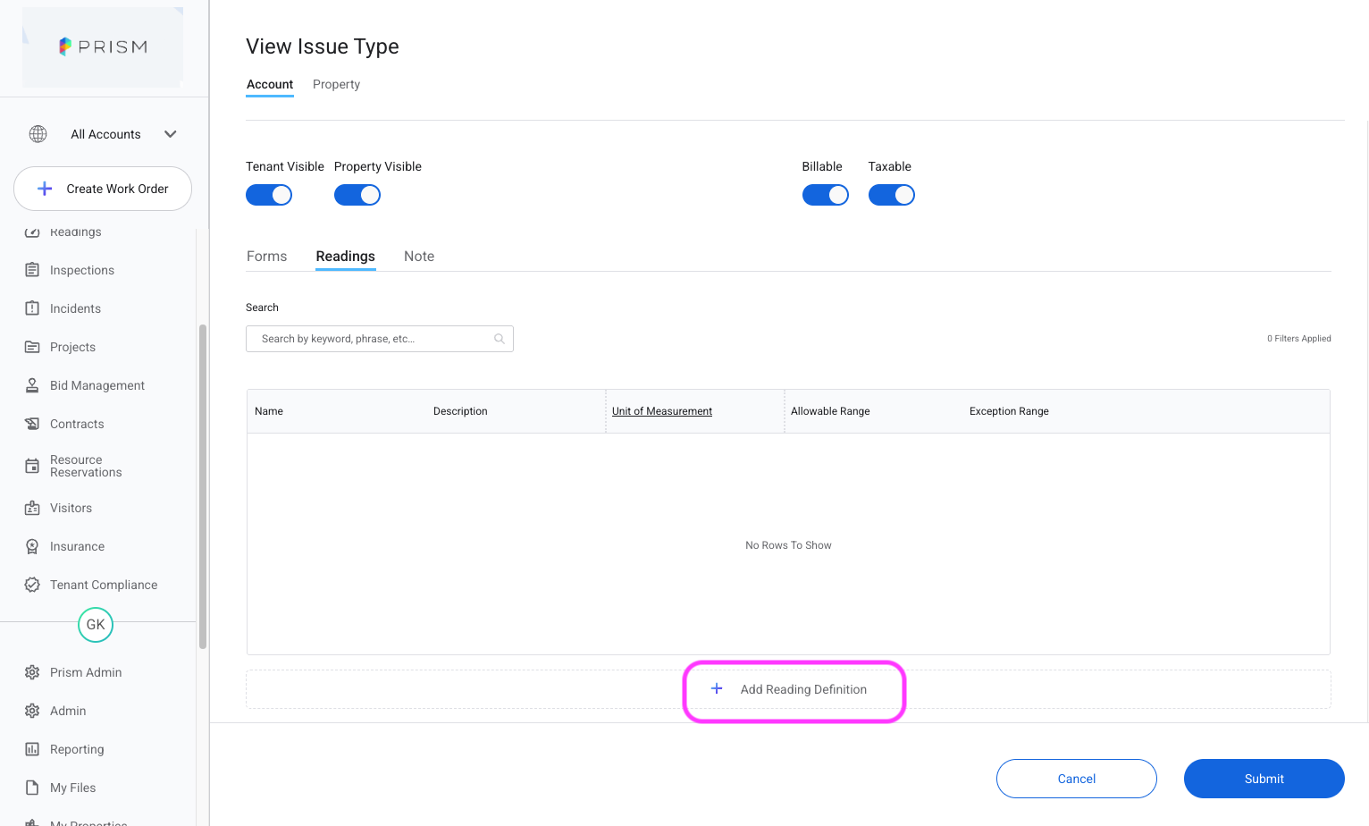 Adding Readings to Work Orders – Prism Support Center