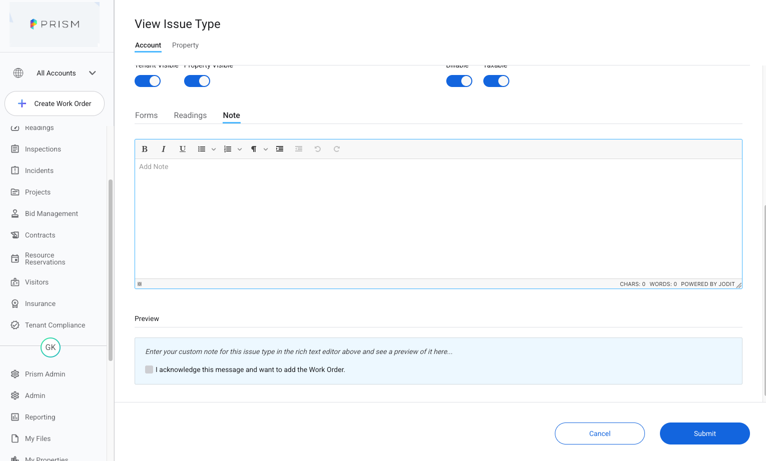 Issue Types for Work Orders – Prism Support Center