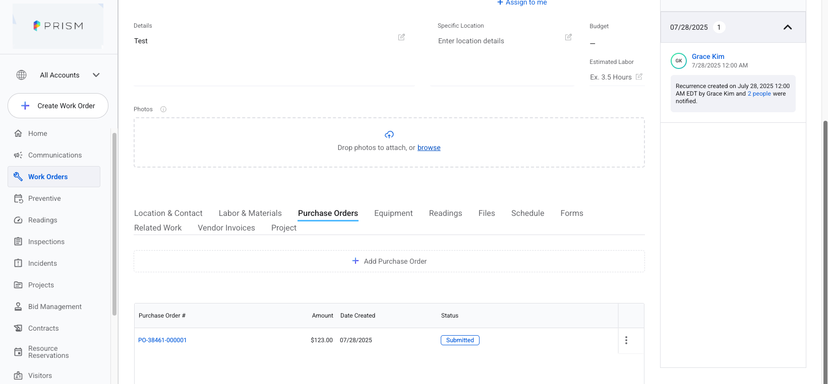 Using Purchase Orders in Work Orders – Prism Support Center