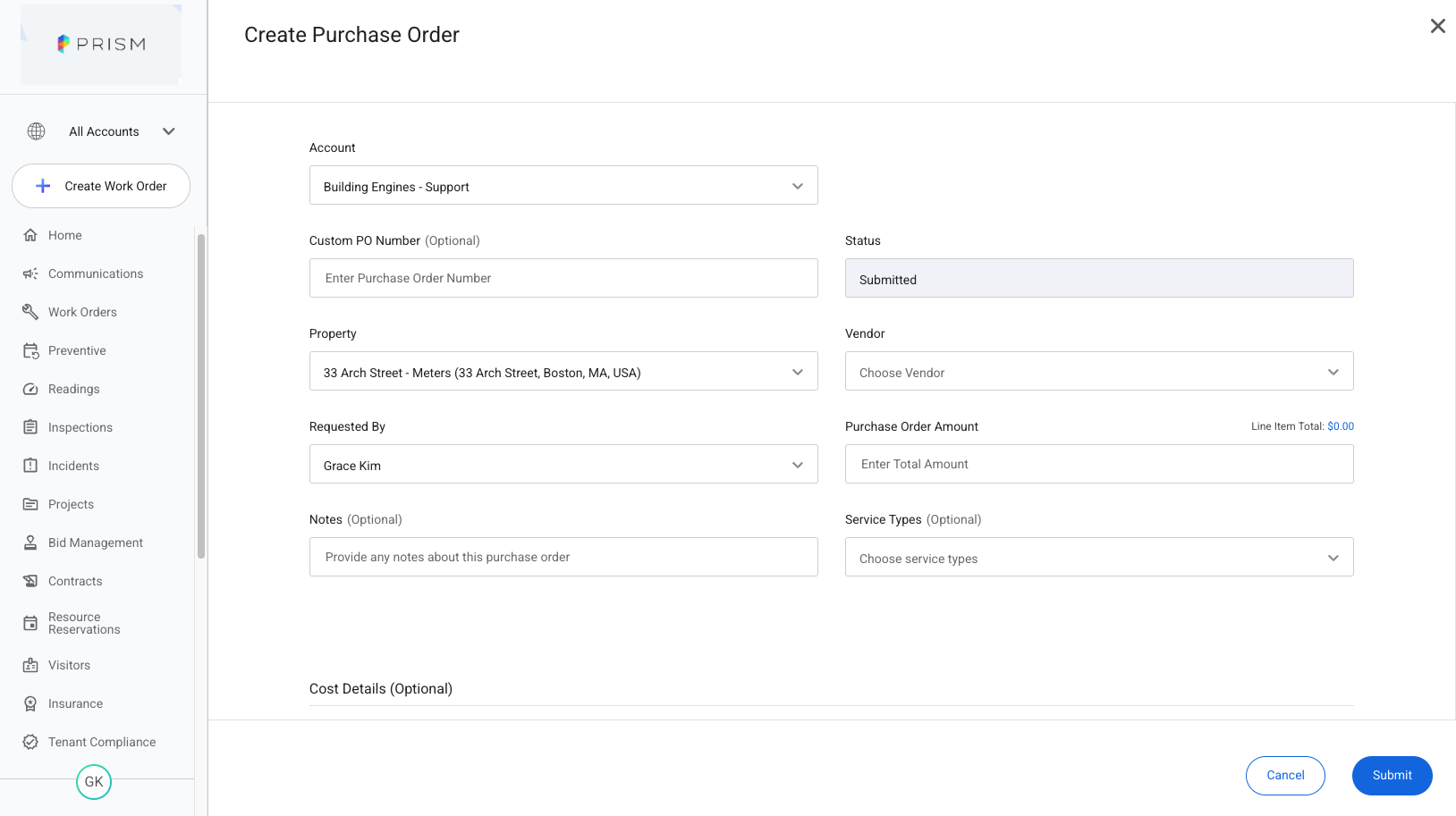Using Purchase Orders in Work Orders – Prism Support Center