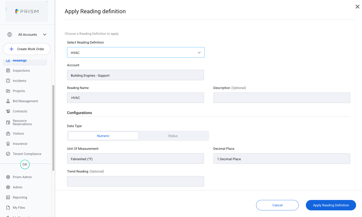 Adding Readings to Work Orders – Prism Support Center