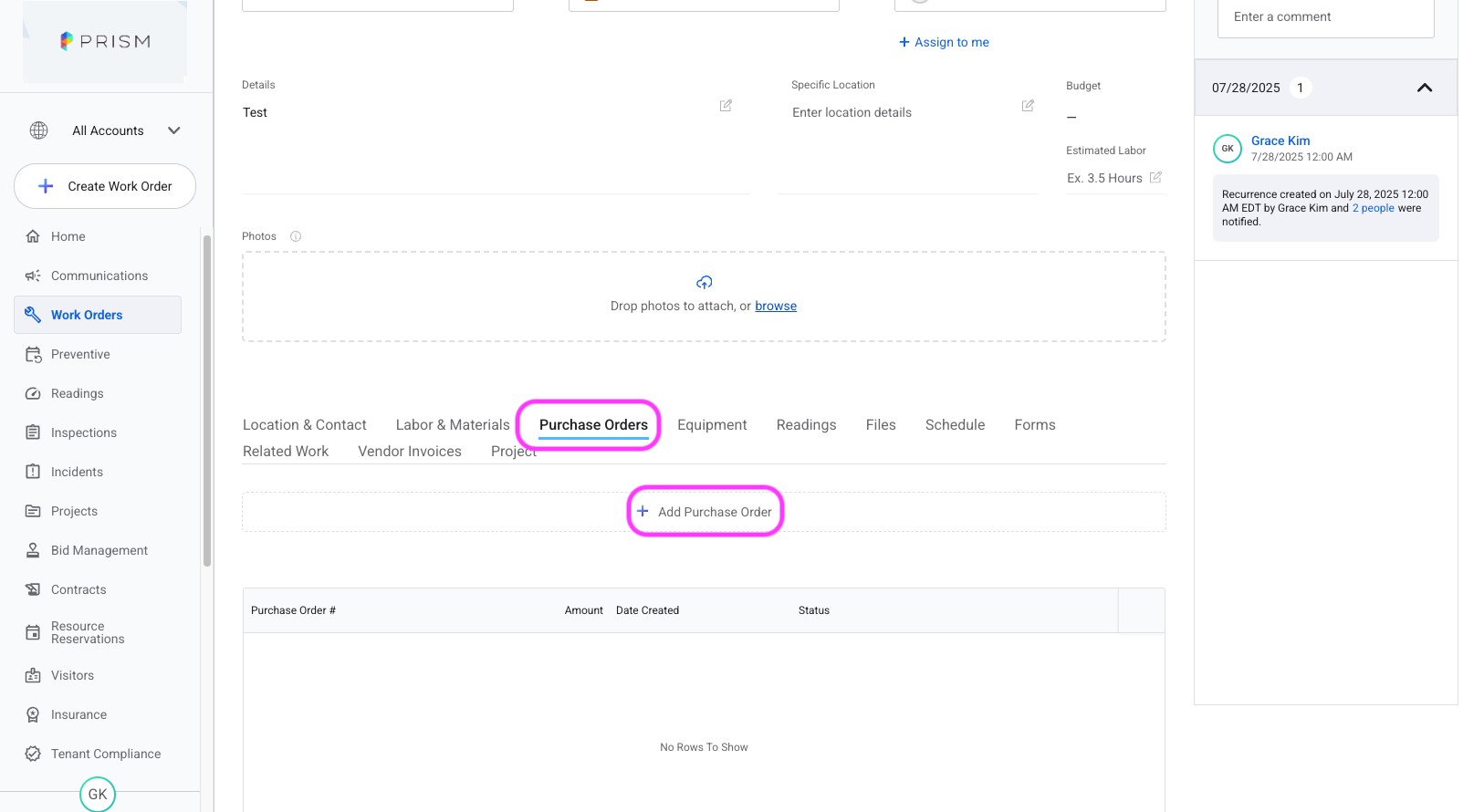 Using Purchase Orders in Work Orders – Prism Support Center